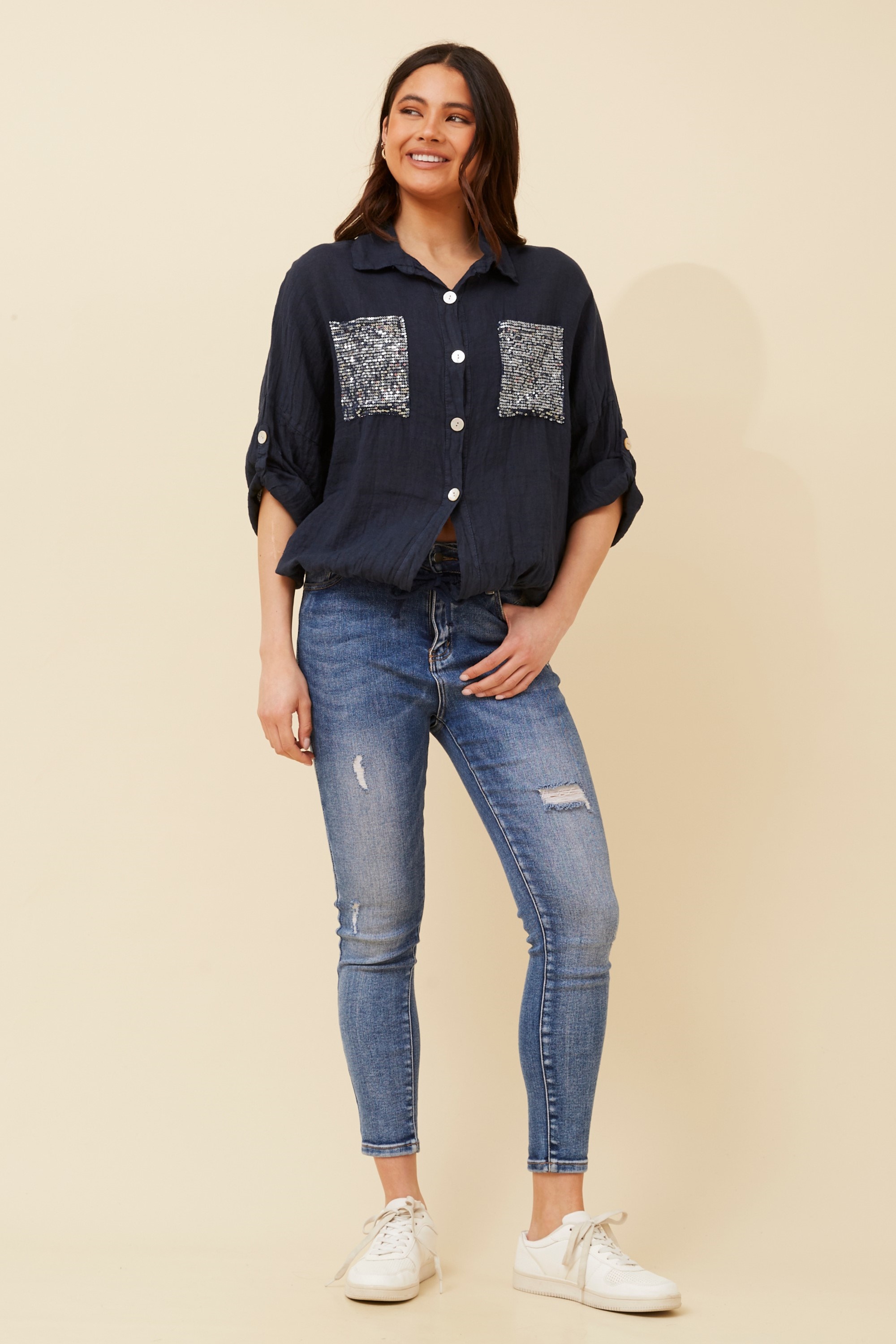 Nolene sequin linen shirt & Buy Online & Femme Connection