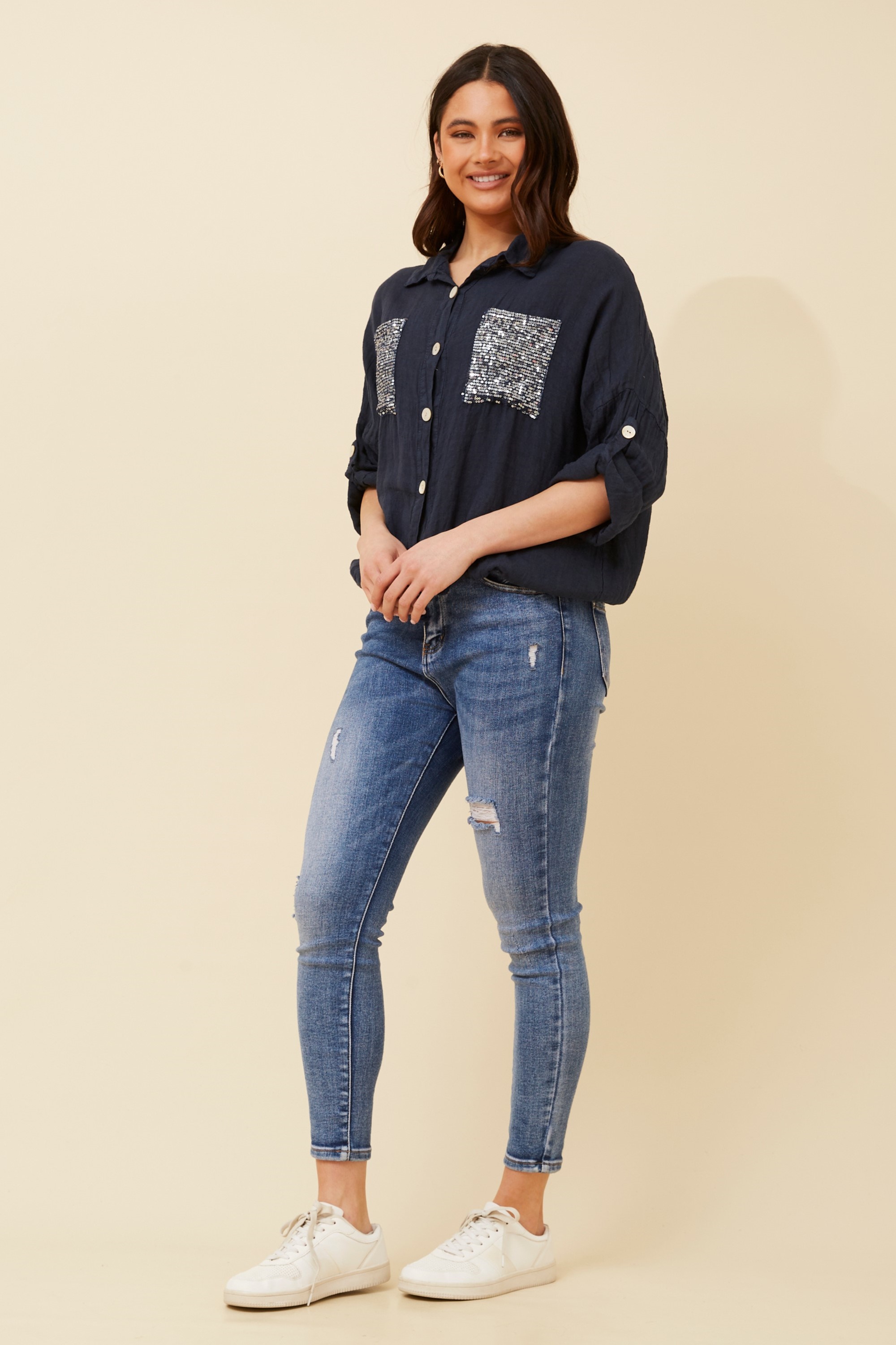Nolene sequin linen shirt & Buy Online & Femme Connection