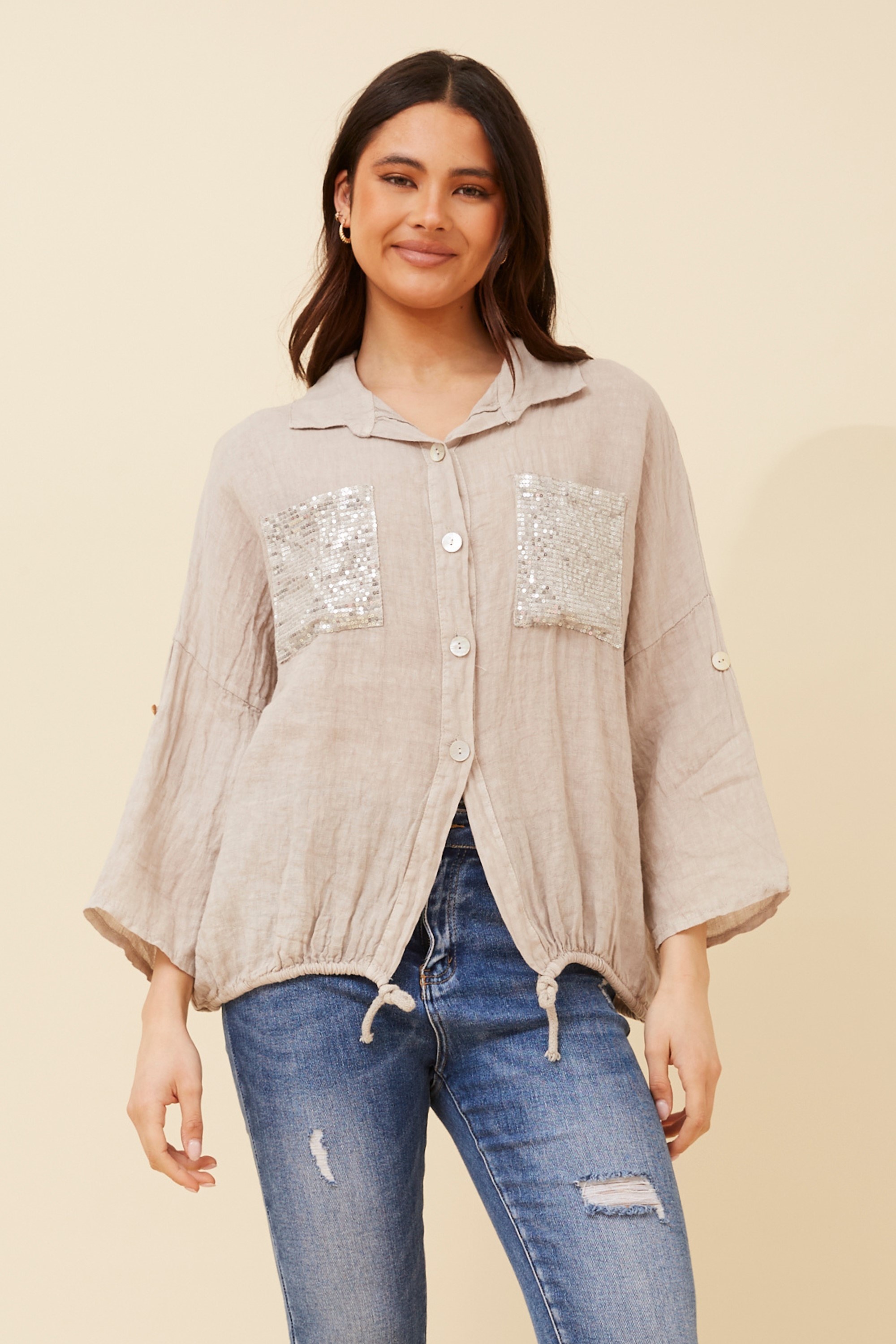 Nolene sequin linen shirt & Buy Online & Femme Connection