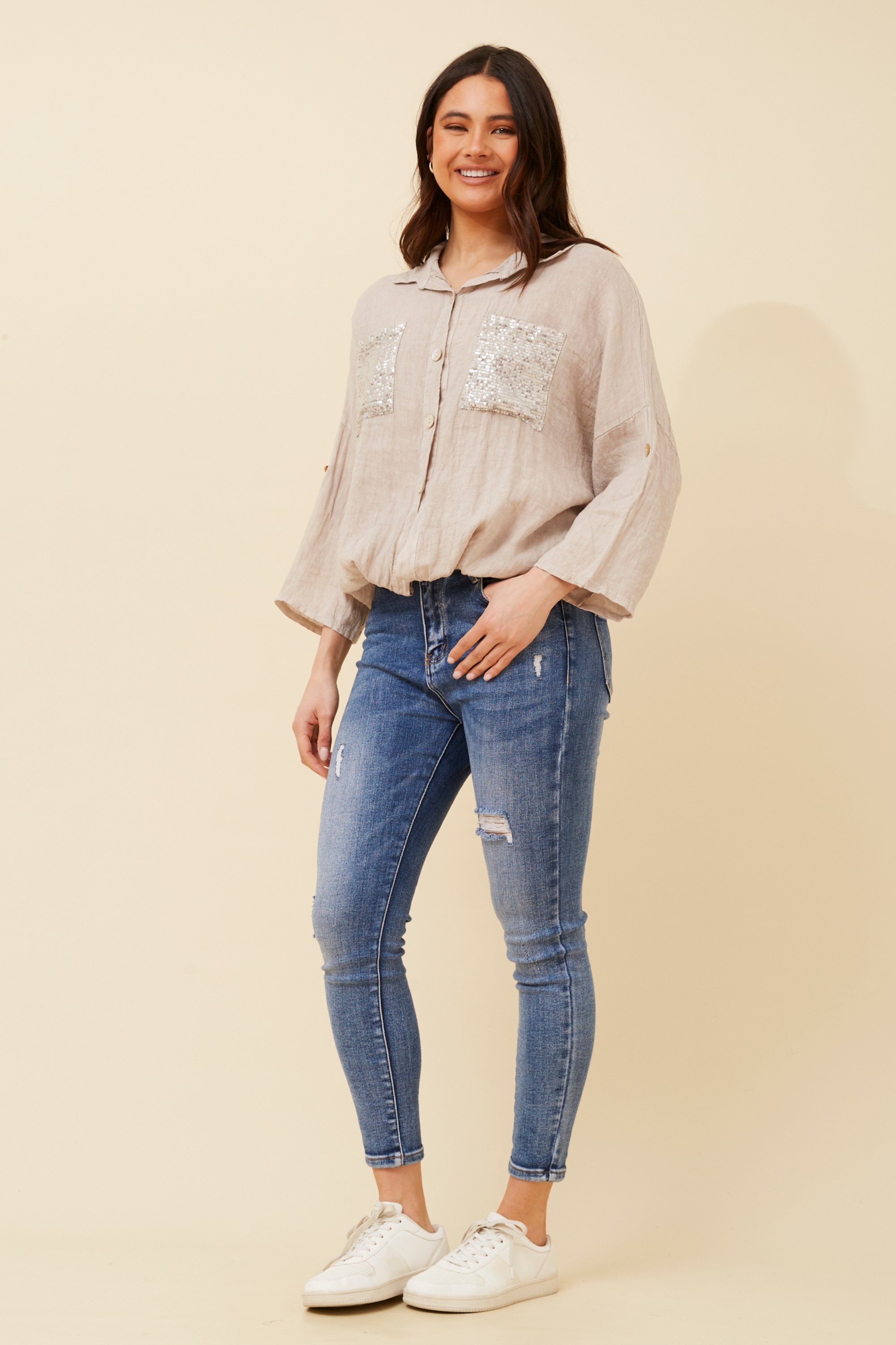 Nolene sequin linen shirt & Buy Online & Femme Connection